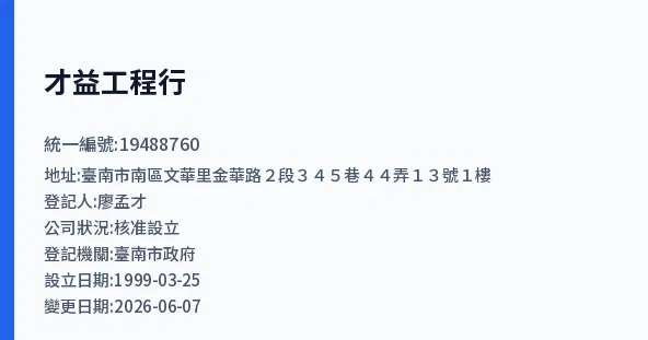 才益工程行的照片-統編 19488760(臺南市) 公司登記資料與營業項目詳細圖表