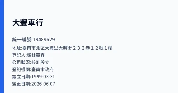 大豐車行的照片-統編 19489629(臺南市) 公司登記資料與營業項目詳細圖表