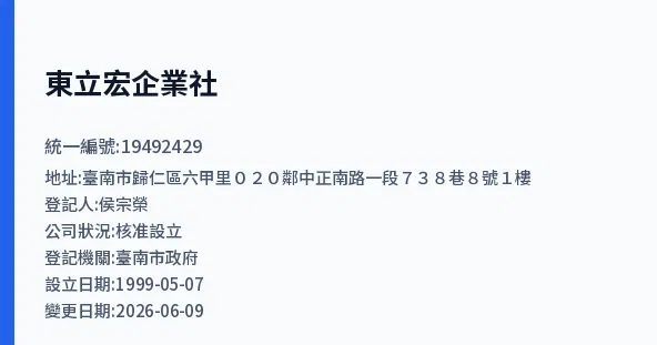 東立宏企業社的照片-統編 19492429(臺南市) 公司登記資料與營業項目詳細圖表