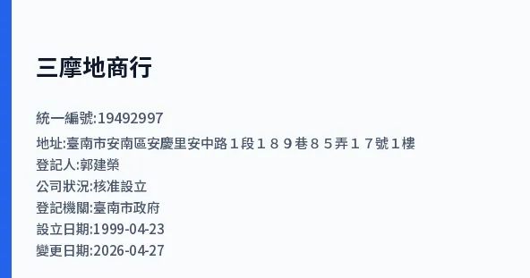 三摩地商行的照片-統編 19492997(臺南市) 公司登記資料與營業項目詳細圖表