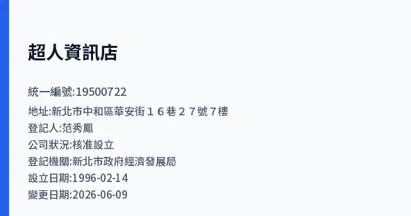 超人資訊店的照片-統編 19500722(新北市) 公司登記資料與營業項目詳細圖表