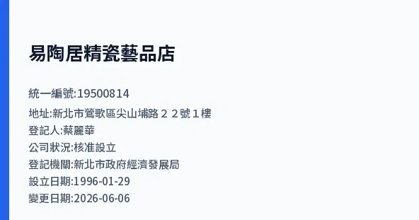 易陶居精瓷藝品店的照片-統編 19500814(新北市) 公司登記資料與營業項目詳細圖表