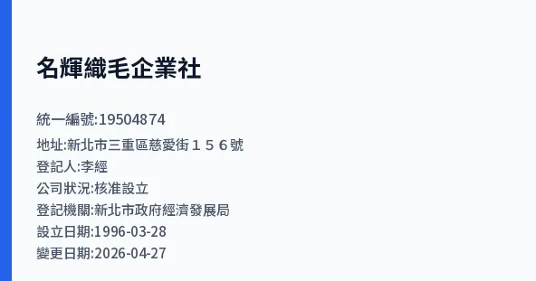 名輝織毛企業社的照片-統編 19504874(新北市) 公司登記資料與營業項目詳細圖表