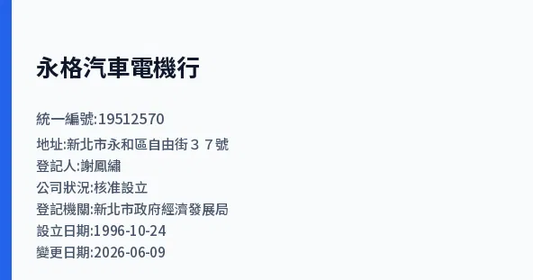永格汽車電機行的照片-統編 19512570(新北市) 公司登記資料與營業項目詳細圖表
