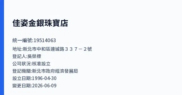 佳姿金銀珠寶店的照片-統編 19514063(新北市) 公司登記資料與營業項目詳細圖表