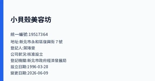 小貝殼美容坊的照片-統編 19517364(新北市) 公司登記資料與營業項目詳細圖表