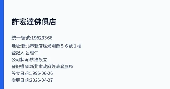 許宏達佛俱店的照片-統編 19523366(新北市) 公司登記資料與營業項目詳細圖表