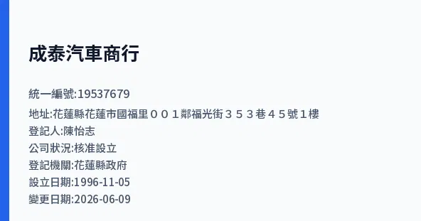成泰汽車商行的照片-統編 19537679(花蓮縣) 公司登記資料與營業項目詳細圖表