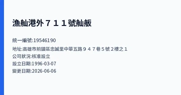 漁舢港外711號舢舨的照片-統編 19546190(高雄市) 公司登記資料與營業項目詳細圖表