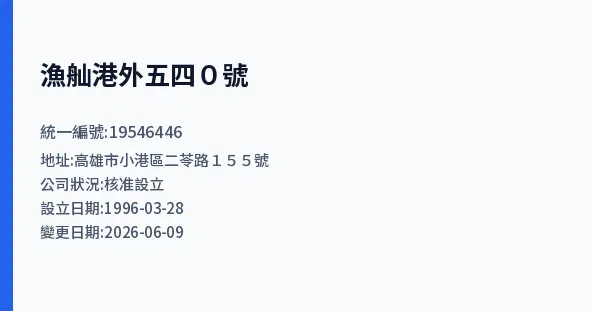 漁舢港外五四0號的照片-統編 19546446(高雄市) 公司登記資料與營業項目詳細圖表