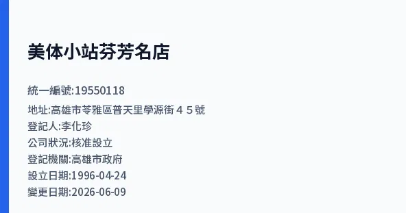 美体小站芬芳名店的照片-統編 19550118(高雄市) 公司登記資料與營業項目詳細圖表