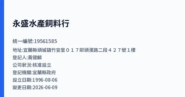 永盛水產飼料行的照片-統編 19561585(宜蘭縣) 公司登記資料與營業項目詳細圖表