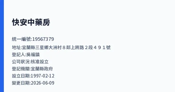 快安中藥房的照片-統編 19567379(宜蘭縣) 公司登記資料與營業項目詳細圖表