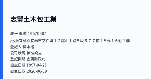 志豐土木包工業的照片-統編 19570584(宜蘭縣) 公司登記資料與營業項目詳細圖表