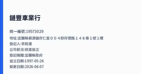 鏈豐車業行的照片-統編 19573029(宜蘭縣) 公司登記資料與營業項目詳細圖表