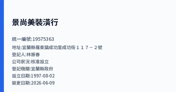 景尚美裝潢行的照片-統編 19575363(宜蘭縣) 公司登記資料與營業項目詳細圖表