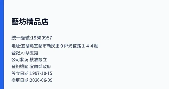藝坊精品店的照片-統編 19580957(宜蘭縣) 公司登記資料與營業項目詳細圖表