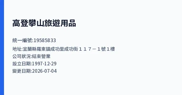 高登攀山旅遊用品的照片-統編 19585833(宜蘭縣) 公司登記資料與營業項目詳細圖表