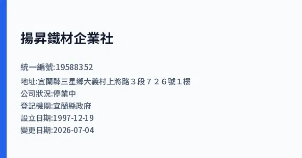 揚昇鐵材企業社的照片-統編 19588352(宜蘭縣) 公司登記資料與營業項目詳細圖表