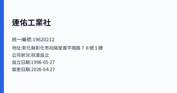 連佑工業社的照片-統編 19620212(彰化縣) 公司登記資料與營業項目詳細圖表