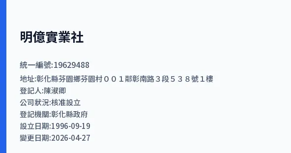 明億實業社的照片-統編 19629488(彰化縣) 公司登記資料與營業項目詳細圖表