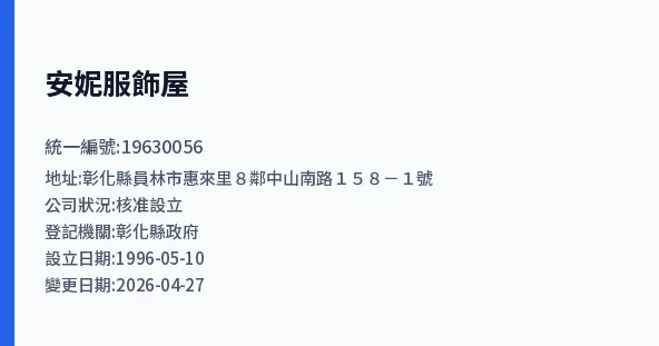 安妮服飾屋的照片-統編 19630056(彰化縣) 公司登記資料與營業項目詳細圖表