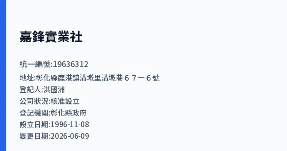 嘉鋒實業社的照片-統編 19636312(彰化縣) 公司登記資料與營業項目詳細圖表