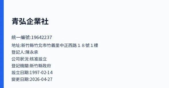 青弘企業社的照片-統編 19642237(新竹縣) 公司登記資料與營業項目詳細圖表