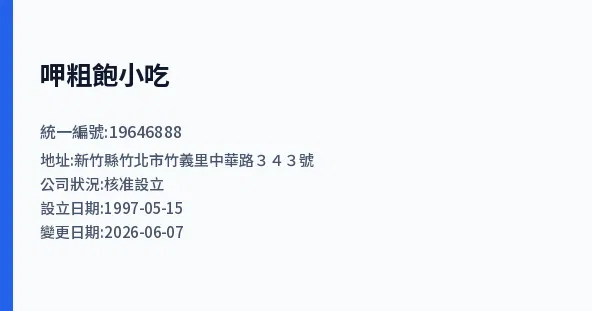 呷粗飽小吃的照片-統編 19646888(新竹縣) 公司登記資料與營業項目詳細圖表