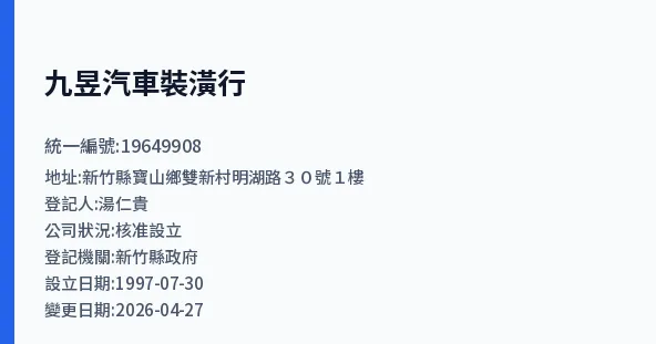 九昱汽車裝潢行的照片-統編 19649908(新竹縣) 公司登記資料與營業項目詳細圖表
