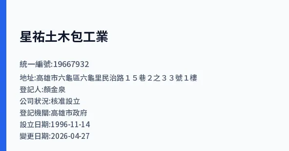 星祐土木包工業的照片-統編 19667932(高雄市) 公司登記資料與營業項目詳細圖表
