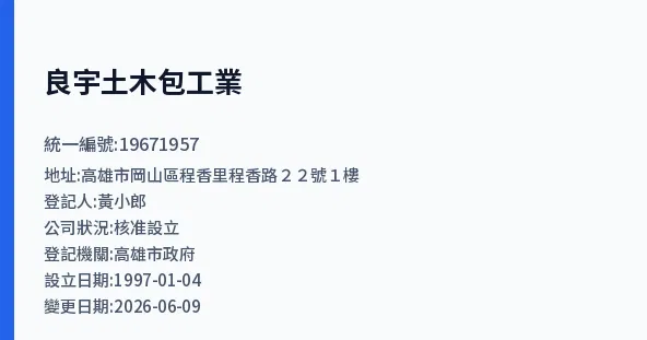 良宇土木包工業的照片-統編 19671957(高雄市) 公司登記資料與營業項目詳細圖表