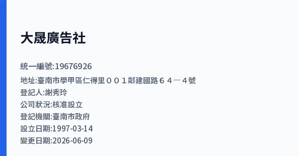 大晟廣告社的照片-統編 19676926(臺南市) 公司登記資料與營業項目詳細圖表