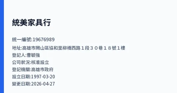 統美家具行的照片-統編 19676989(高雄市) 公司登記資料與營業項目詳細圖表