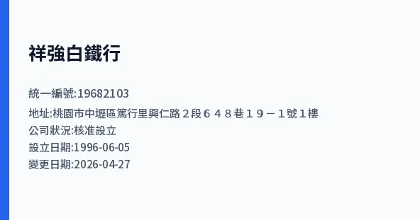 祥強白鐵行的照片-統編 19682103(桃園市) 公司登記資料與營業項目詳細圖表