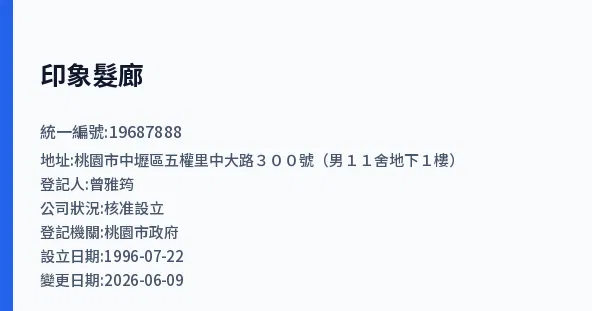 印象髮廊的照片-統編 19687888(桃園市) 公司登記資料與營業項目詳細圖表