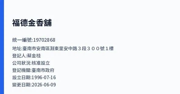 福德金香舖的照片-統編 19702868(臺南市) 公司登記資料與營業項目詳細圖表
