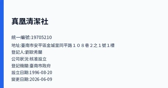 真凰清潔社的照片-統編 19705210(臺南市) 公司登記資料與營業項目詳細圖表