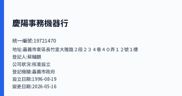 慶陽事務機器行的照片-統編 19721470(嘉義市) 公司登記資料與營業項目詳細圖表