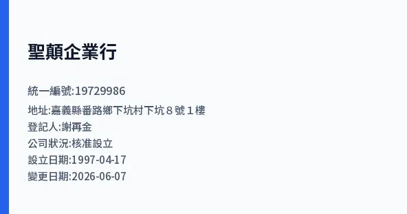 聖顛企業行的照片-統編 19729986(嘉義縣) 公司登記資料與營業項目詳細圖表