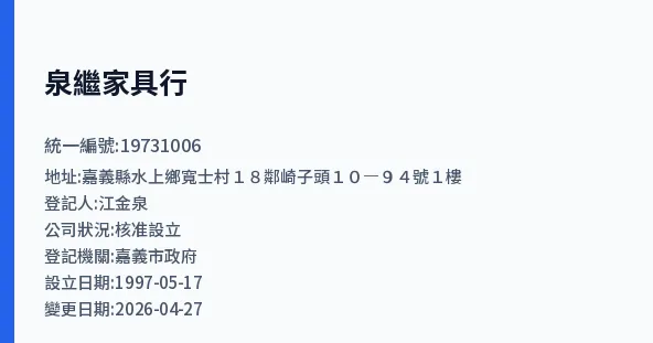 泉繼家具行的照片-統編 19731006(嘉義縣) 公司登記資料與營業項目詳細圖表