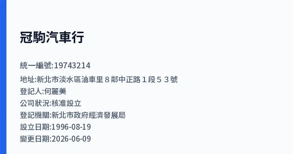 冠駒汽車行的照片-統編 19743214(新北市) 公司登記資料與營業項目詳細圖表