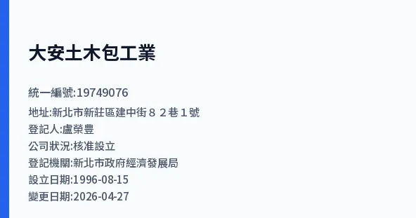 大安土木包工業的照片-統編 19749076(新北市) 公司登記資料與營業項目詳細圖表