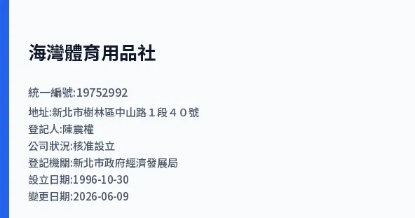 海灣體育用品社的照片-統編 19752992(新北市) 公司登記資料與營業項目詳細圖表