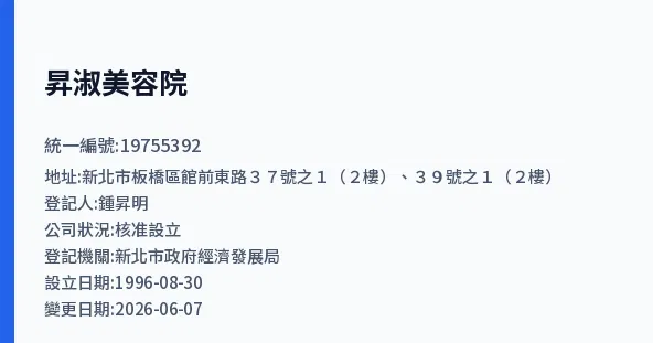 昇淑美容院的照片-統編 19755392(新北市) 公司登記資料與營業項目詳細圖表