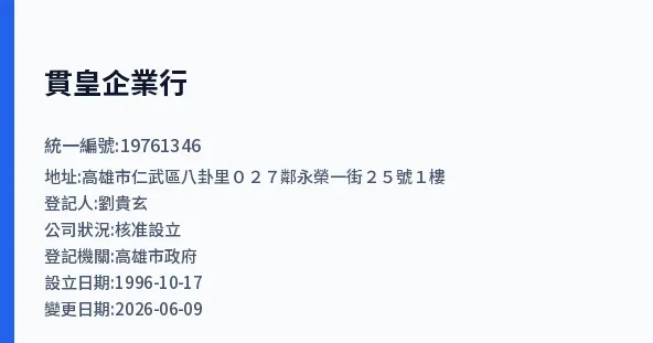 貫皇企業行的照片-統編 19761346(高雄市) 公司登記資料與營業項目詳細圖表