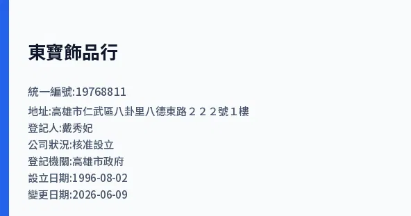 東寶飾品行的照片-統編 19768811(高雄市) 公司登記資料與營業項目詳細圖表