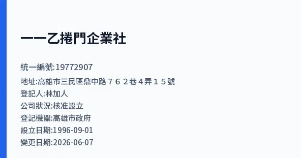 一一乙捲門企業社的照片-統編 19772907(高雄市) 公司登記資料與營業項目詳細圖表