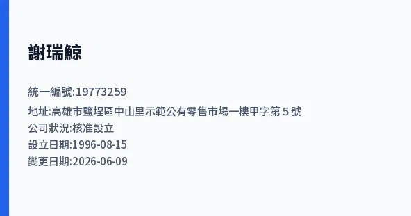 謝瑞鯨的照片-統編 19773259(高雄市) 公司登記資料與營業項目詳細圖表