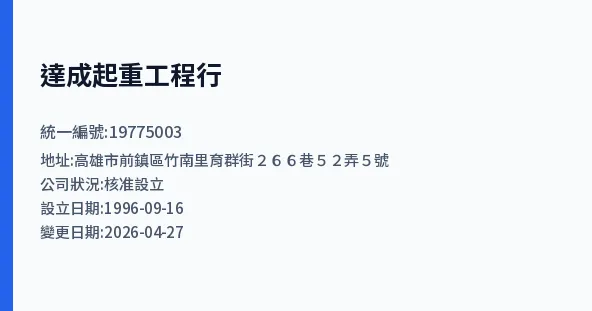 達成起重工程行的照片-統編 19775003(高雄市) 公司登記資料與營業項目詳細圖表